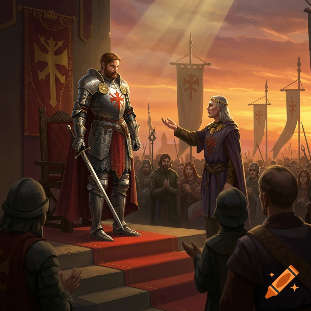 A knight in shining armor is honored by a king or noble on a red ...