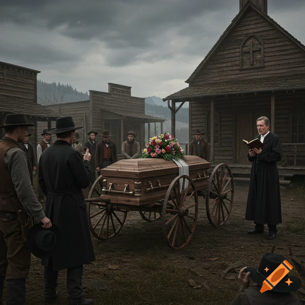1880 Western funeral outside wooden church on Craiyon