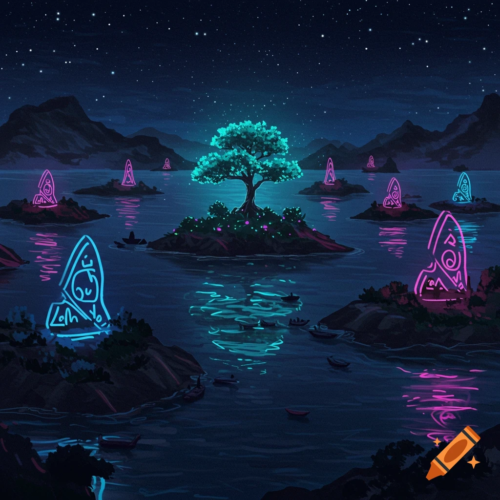 Nighttime island landscape with neon lights and glowing tree on Craiyon