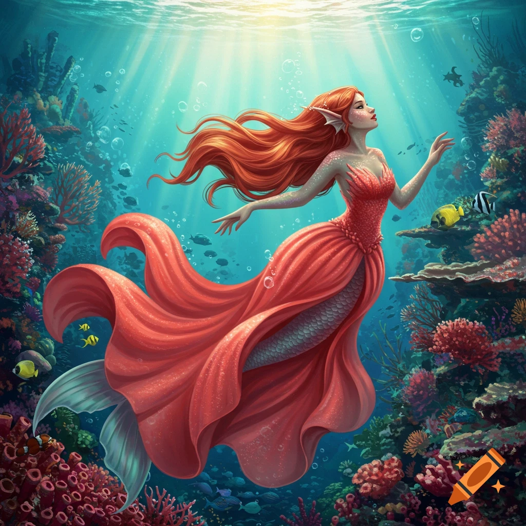 A mermaid with long red hair and a flowing red dress swimming through a ...