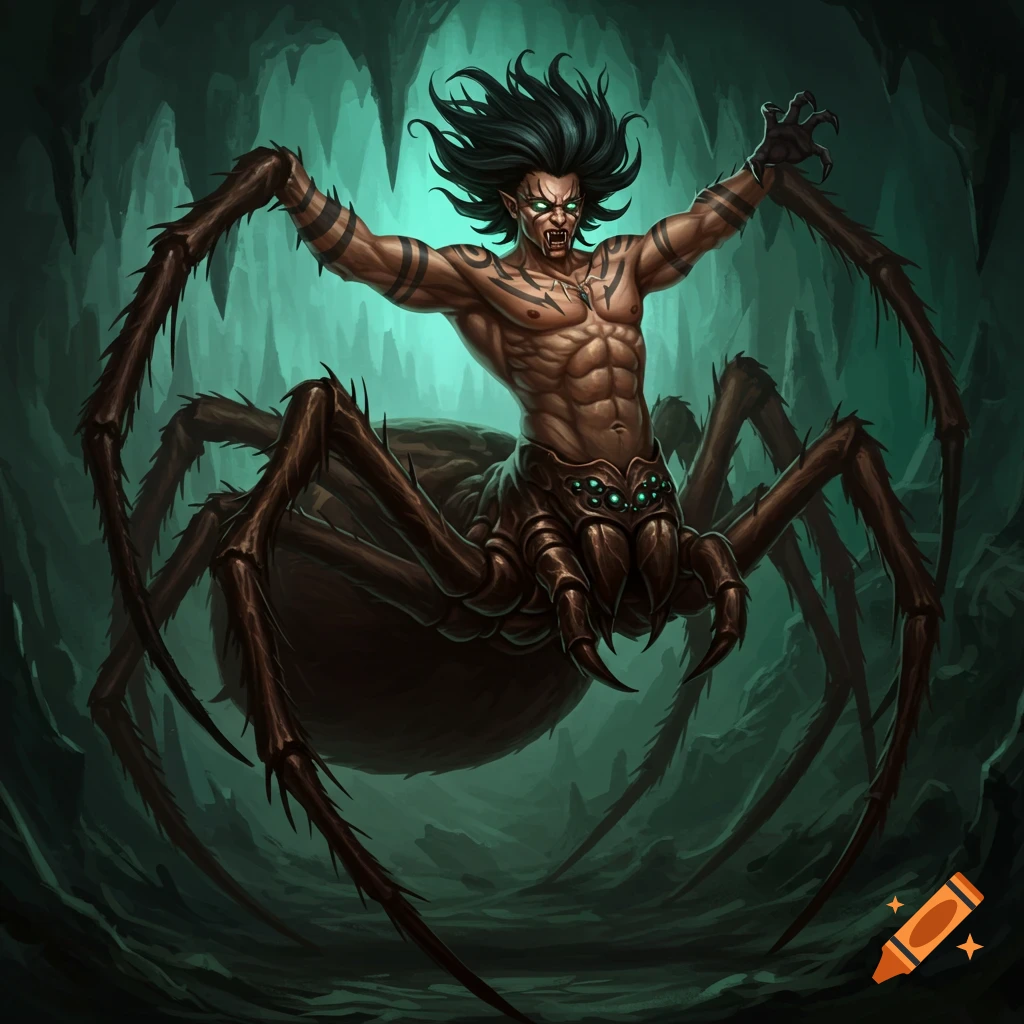 A human spider centaur creature in a dark cave on Craiyon