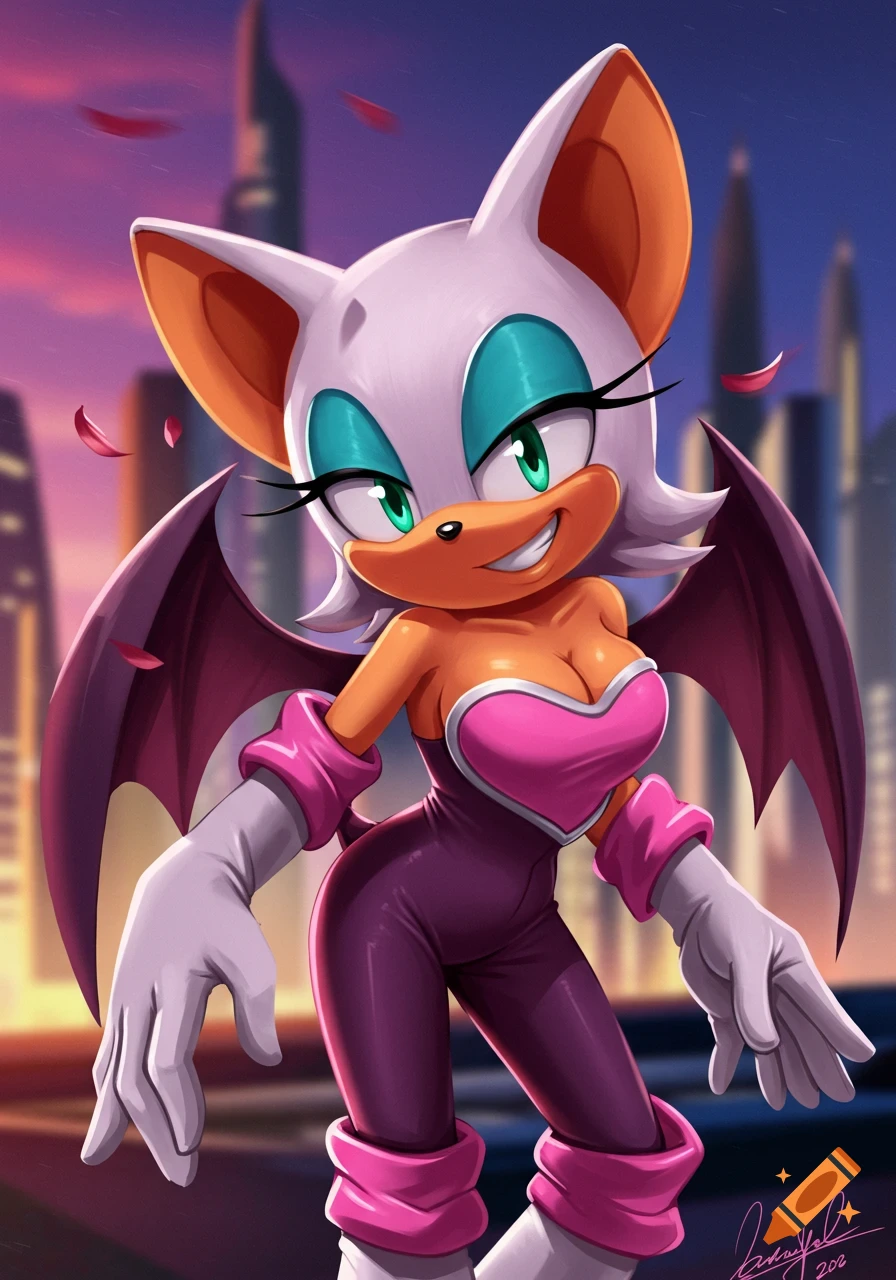 Image of Rouge the Bat from Sonic the Hedgehog series standing in a city at night. on Craiyon