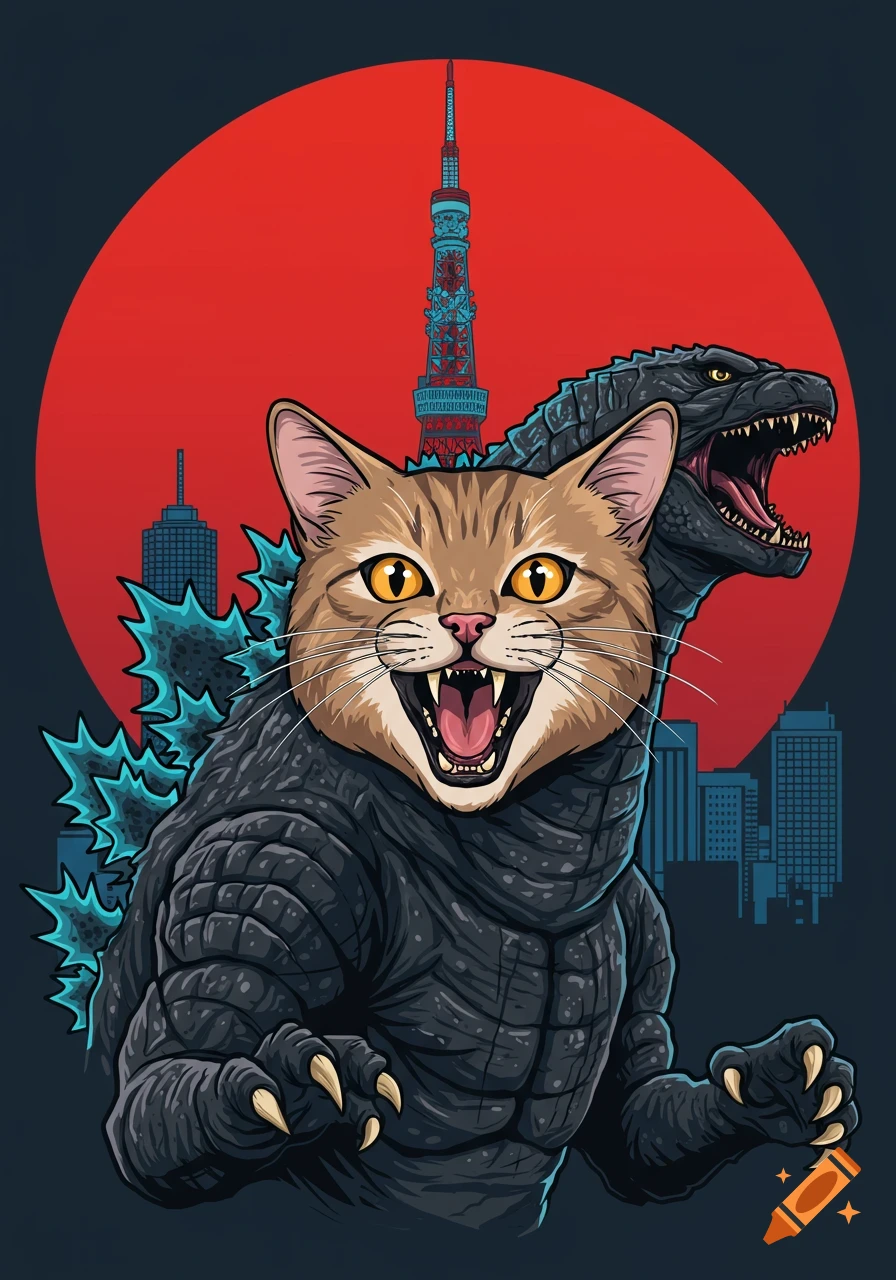 Stylized illustration of a cat head on a Godzilla body roaring in front ...