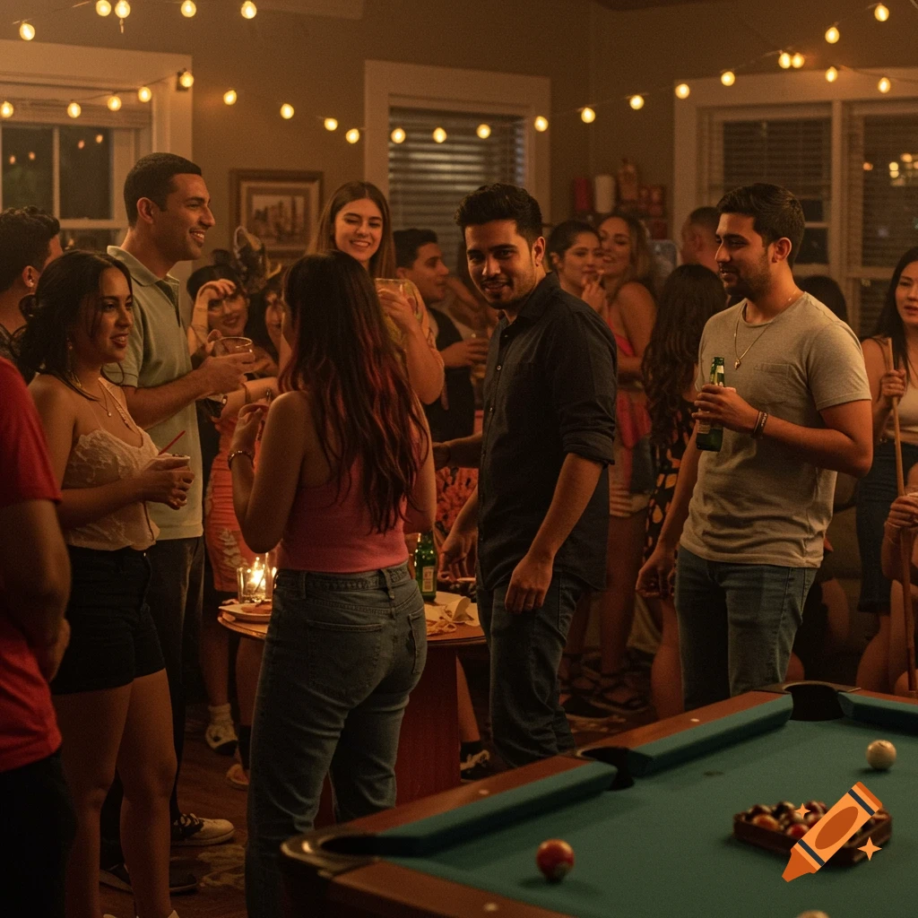 A crowded house party scene with people mingling, holding drinks, and a ...