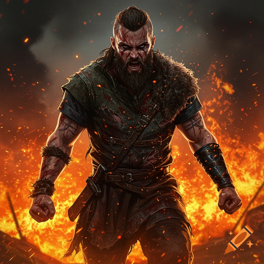 A fierce, blood-stained warrior stands in a fiery landscape. on Craiyon