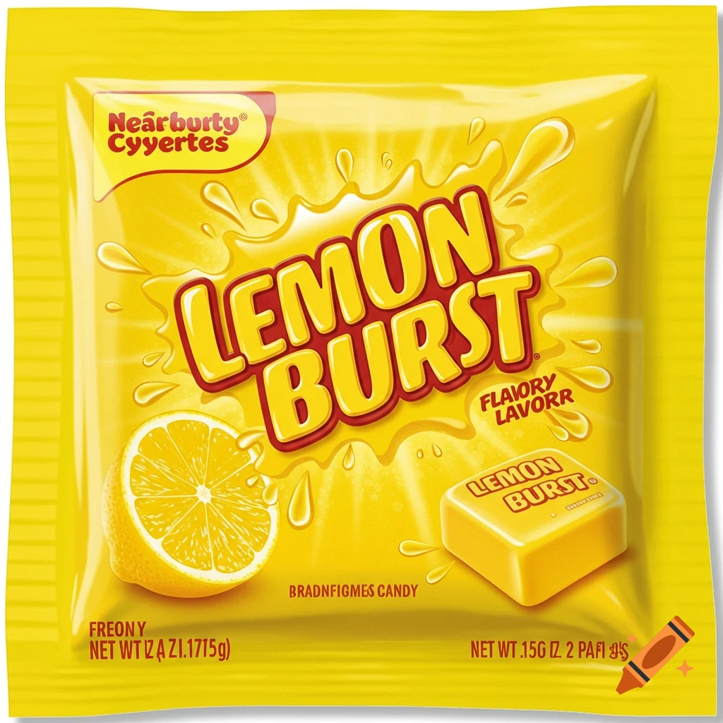 Candy wrapper design for Lemon Burst inspired by Starburst on Craiyon