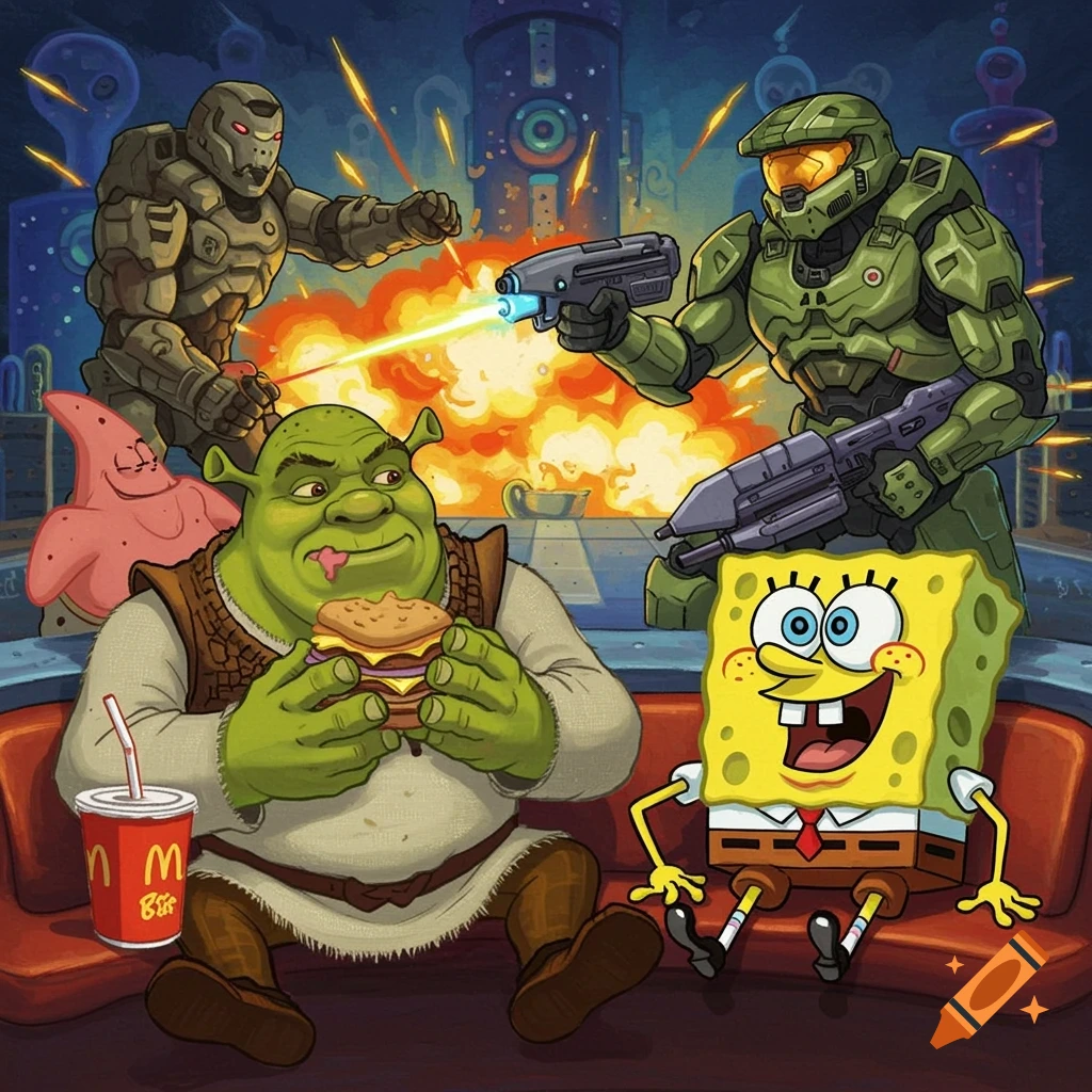 Shrek eating a Big Mac with Spongebob, Doom fighting Master Chief on ...