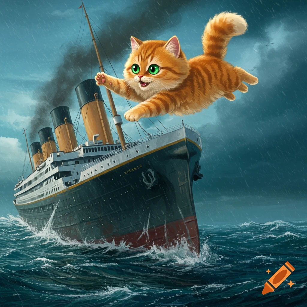 Cute orange cartoon cat flying over the Titanic ship on a stormy sea on ...