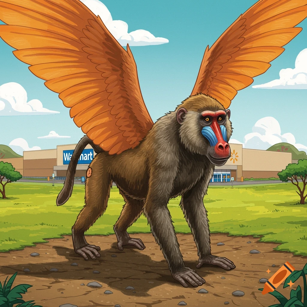 Walmart supercenter with baboon legs and wings on Craiyon