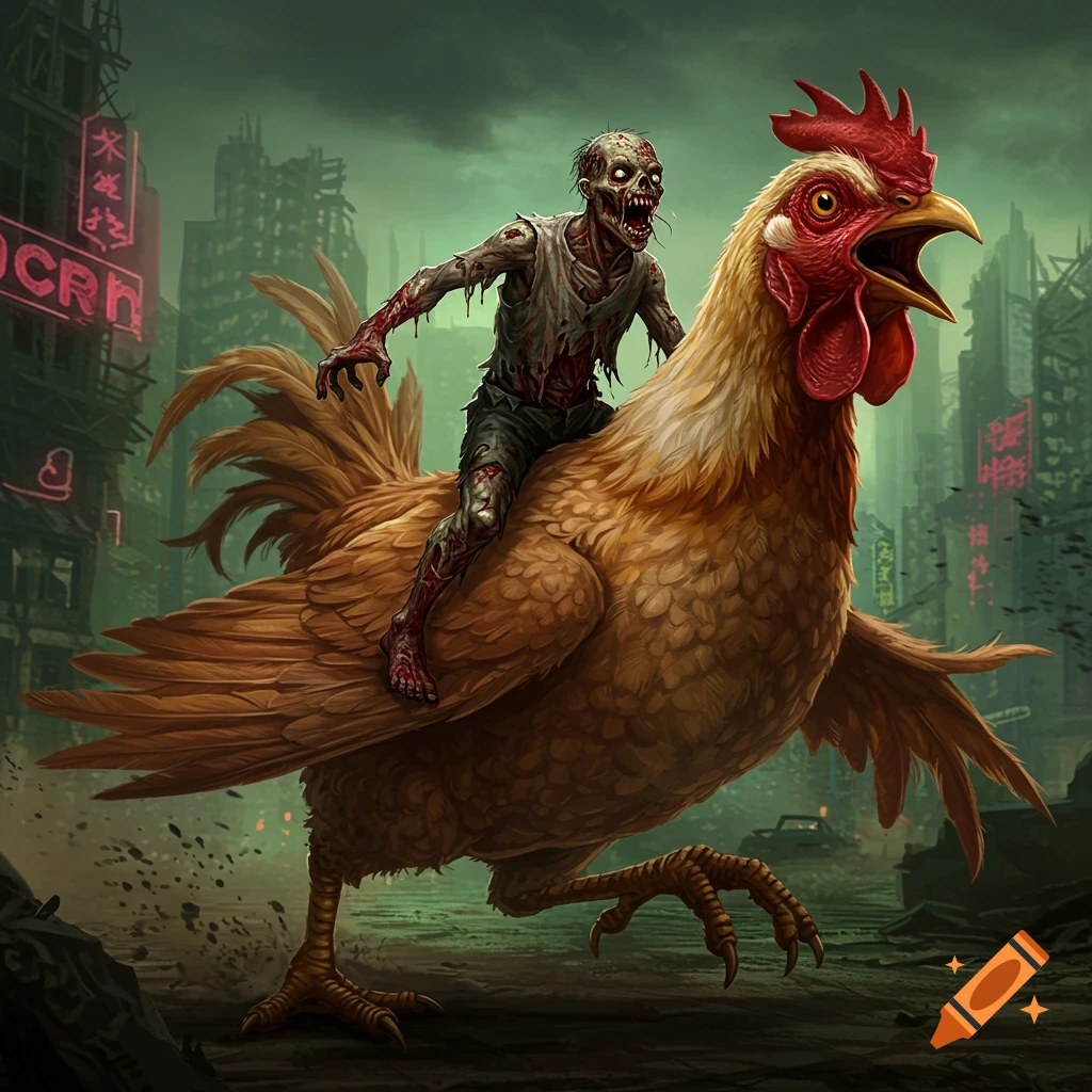 A stylized illustration of a two-headed zombie riding a large white ...