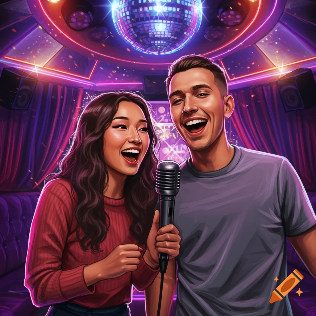 Two people sing into a microphone in a karaoke room under a disco ball ...