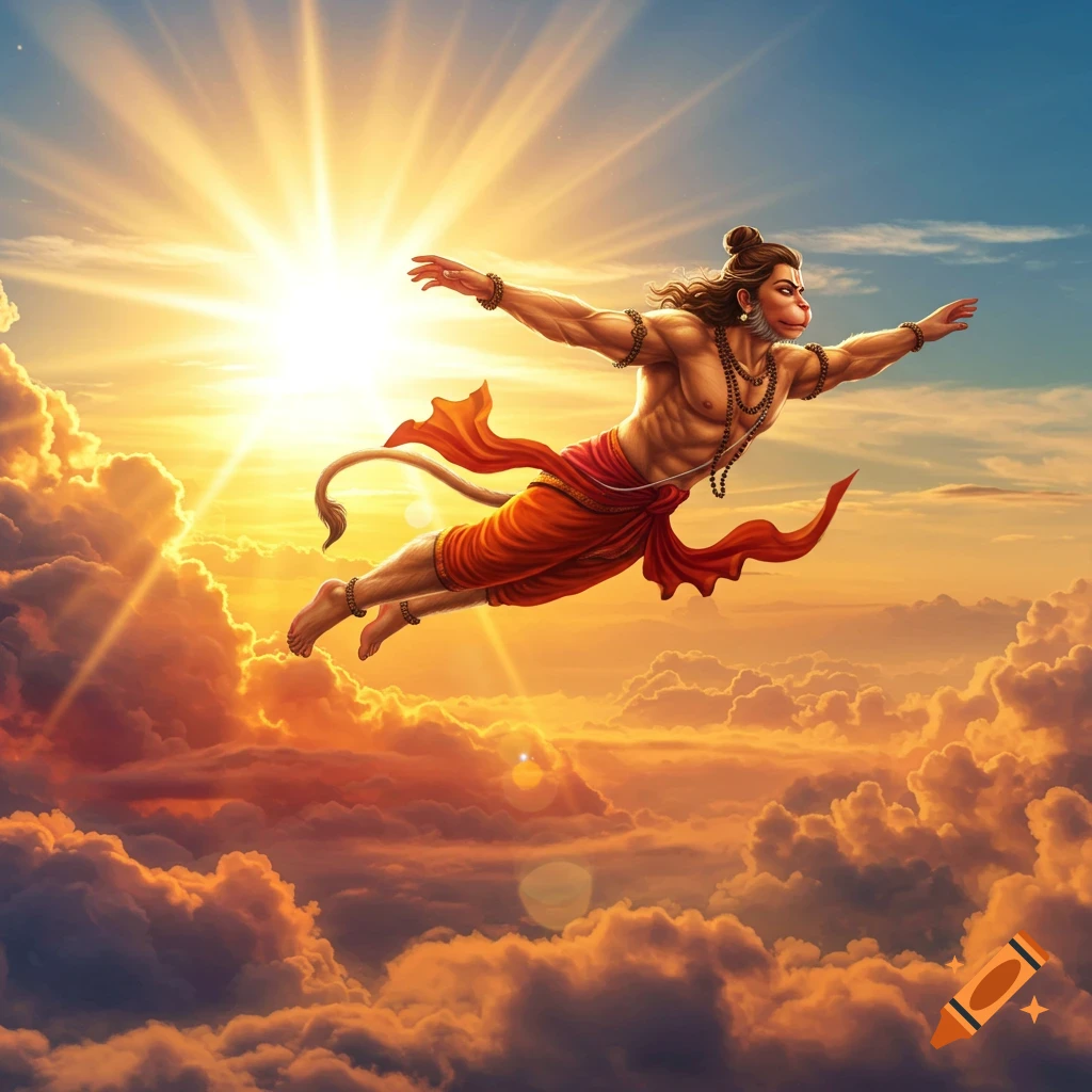 Hanuman flies through vibrant clouds towards the sun in an illustration ...
