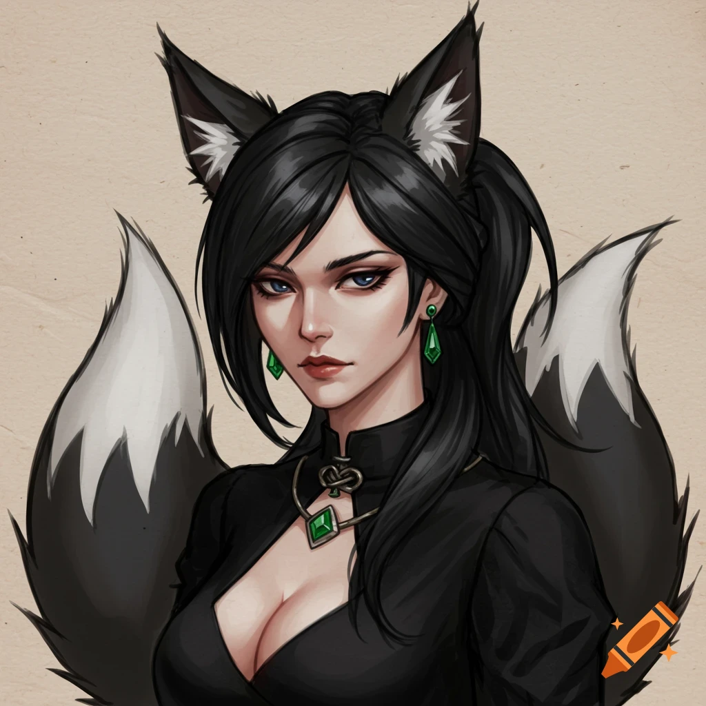 Medieval dark fantasy RPG sketch of a woman with fox ears and tails, black dress, dark blue eyes ...