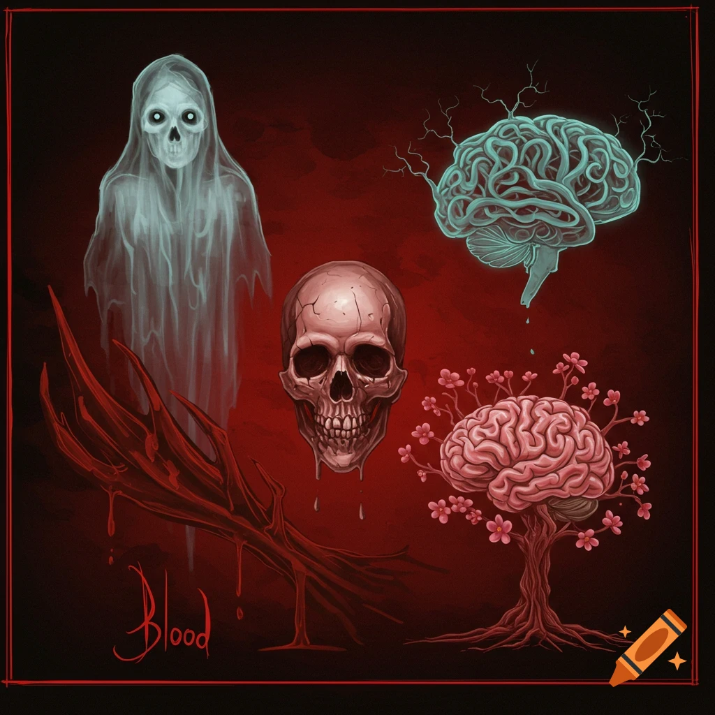A ghost, skull, abstract blood shapes, and two brains, one branching ...