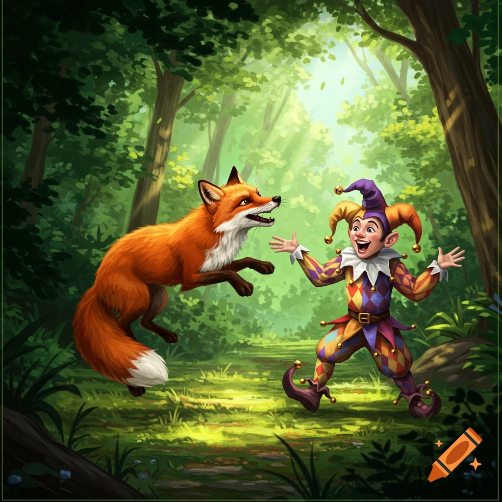 A fox and a jester playing in a sunny forest. on Craiyon