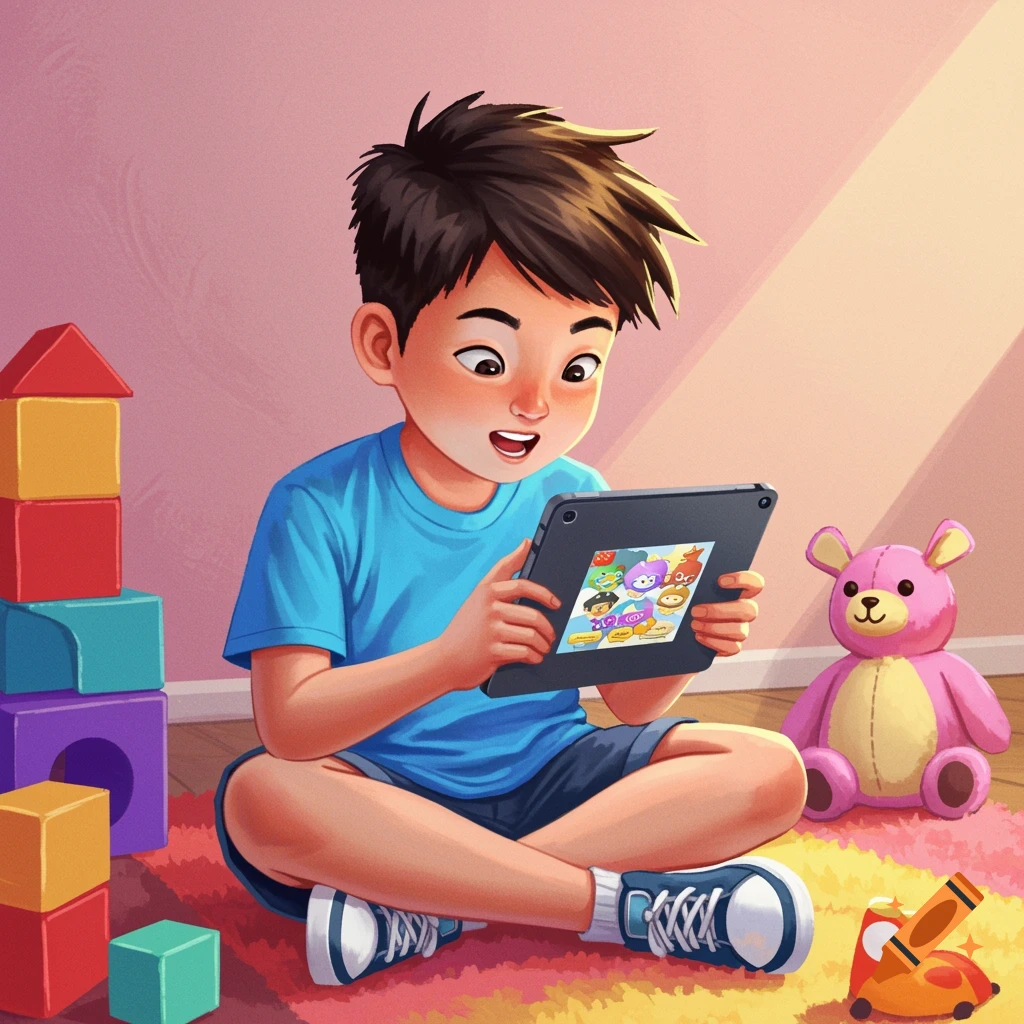 A young boy sits on a rug with toys, engrossed in a tablet, in a ...