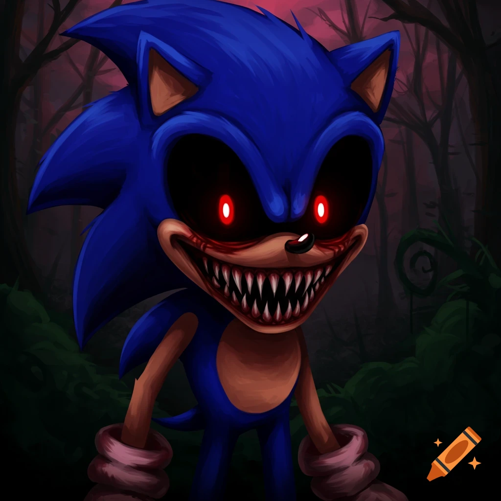 A horror movie poster featuring Sonic.exe with red eyes and sharp teeth ...