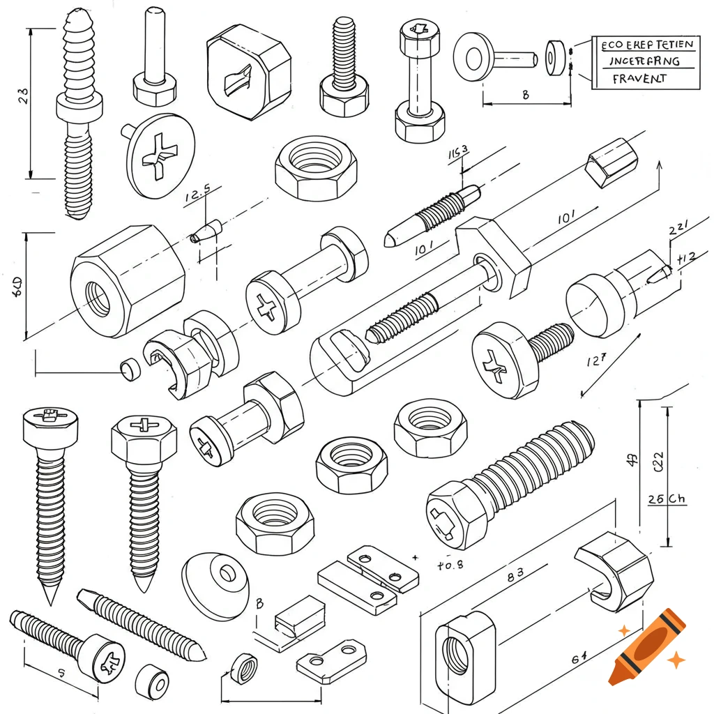 Technical line drawing of screws, bolts, and nuts on Craiyon