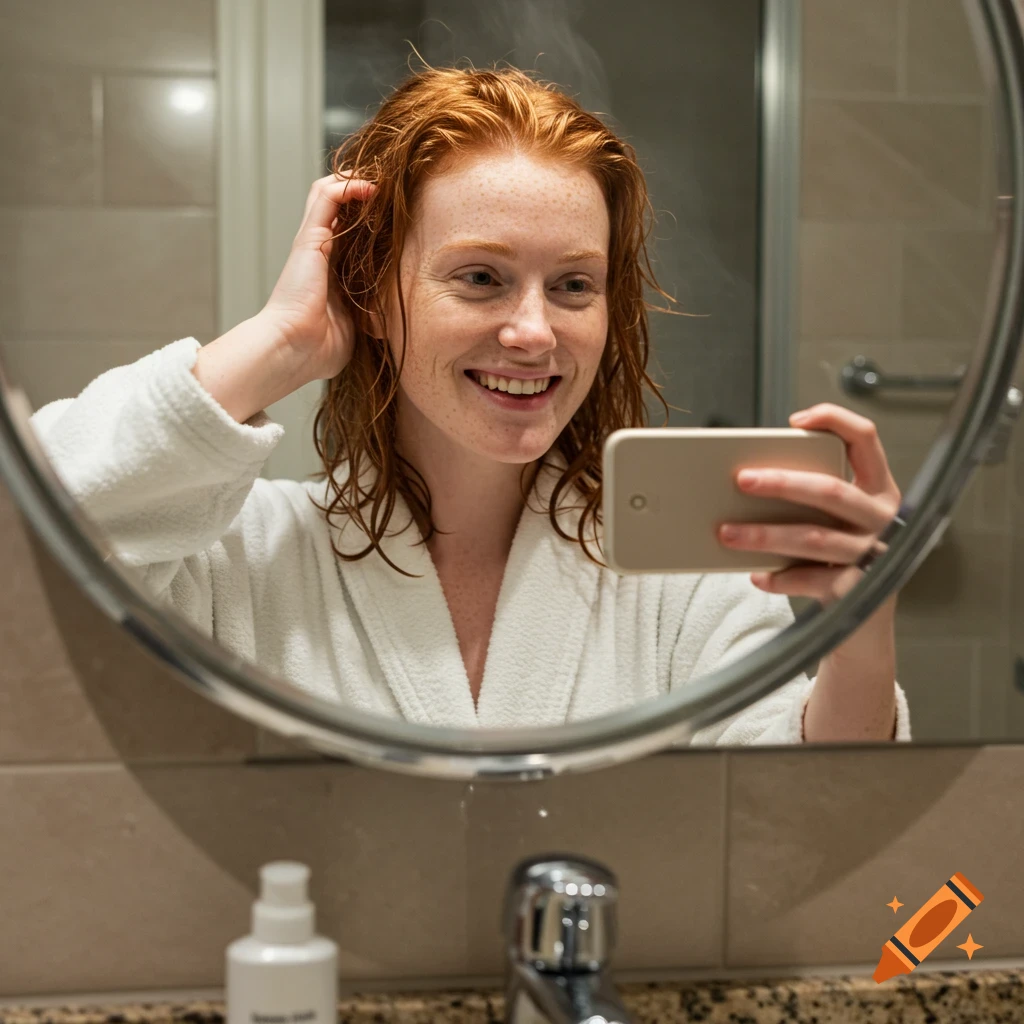 Redhead woman taking a bathroom selfie after shower, real-life shot ...