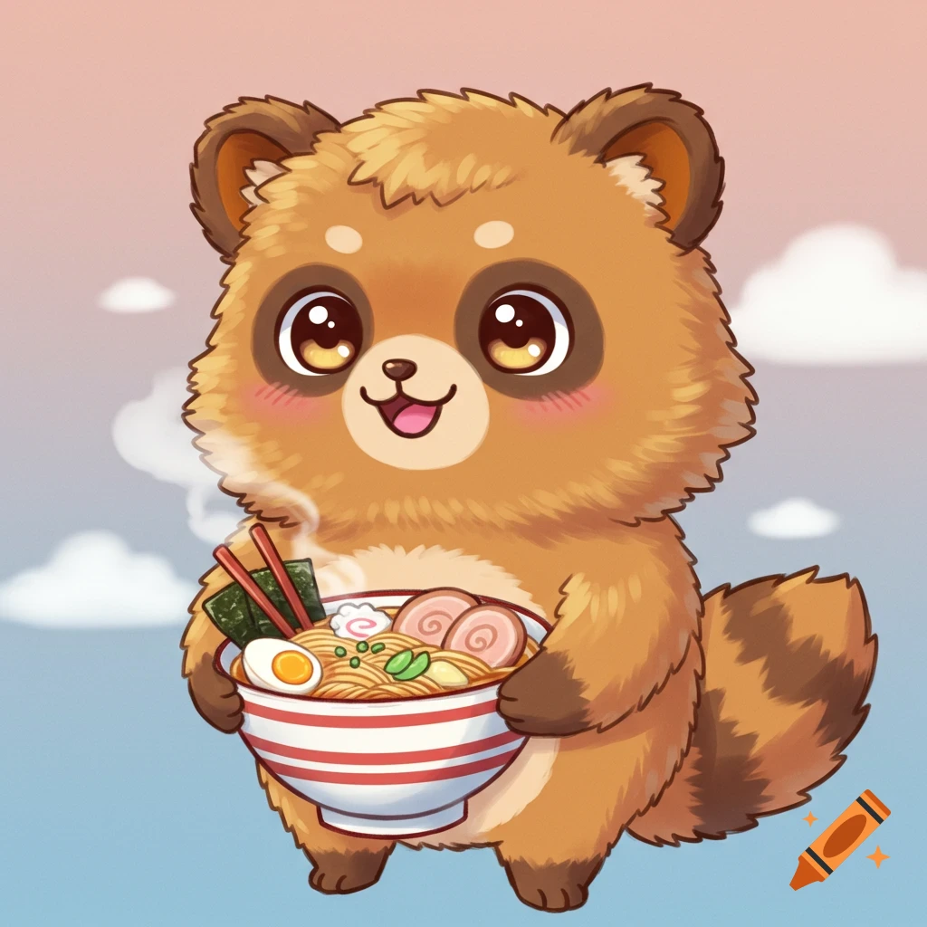 A cute 2D cartoon tanuki holds a steaming bowl of ramen. on Craiyon