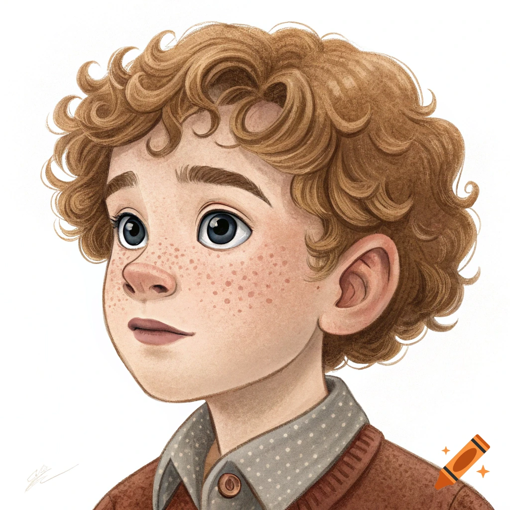 Boy with round head, chin nipple, freckles, dimples, bushy eyebrows ...