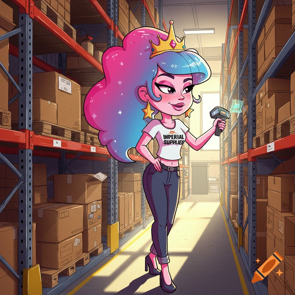 Cartoon diva in crown and t-shirt picking items in warehouse. on Craiyon
