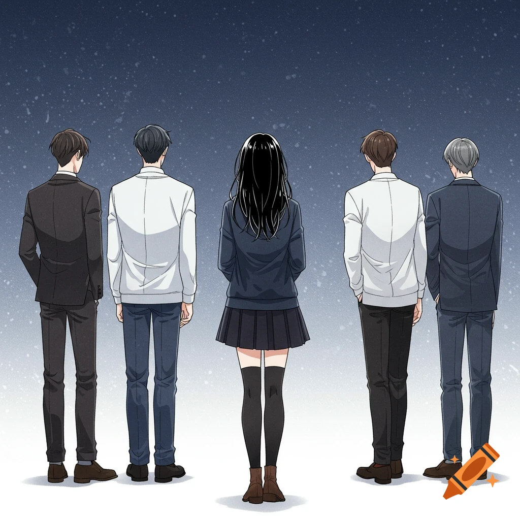 Four male anime characters in navy suits and white shirts. One is ...