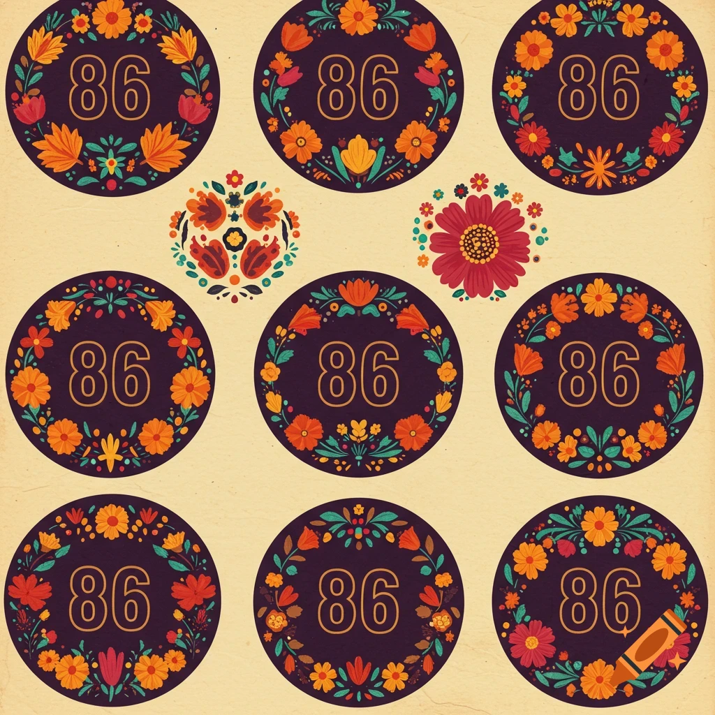 Template with 12 circles, Mexican flowers, and the number 86 on Craiyon