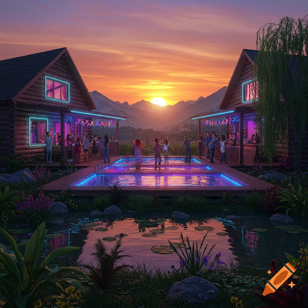 A vibrant party at a cabin resort pool during sunset with mountains in ...