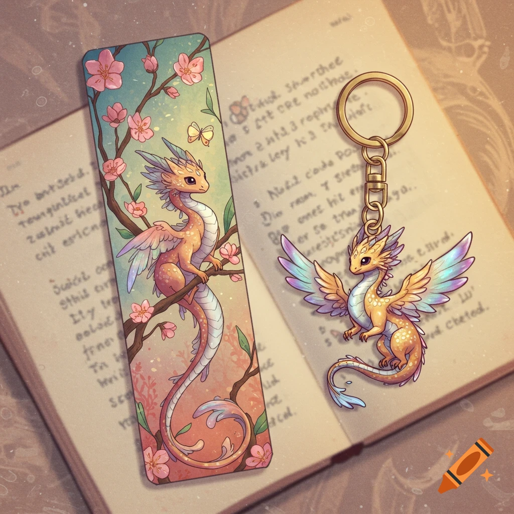 Digital illustration of a bookmark and keychain featuring small dragons ...