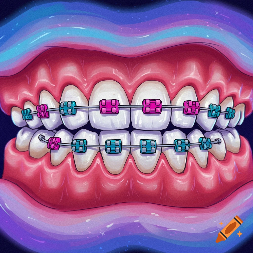 A mouth with teeth and colorful braces. on Craiyon