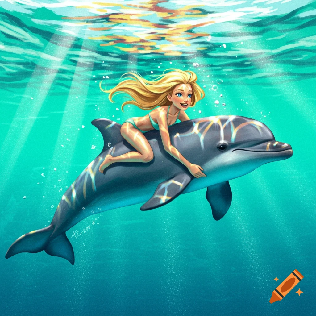 A blonde woman rides a dolphin underwater, illuminated by sun rays. on Craiyon