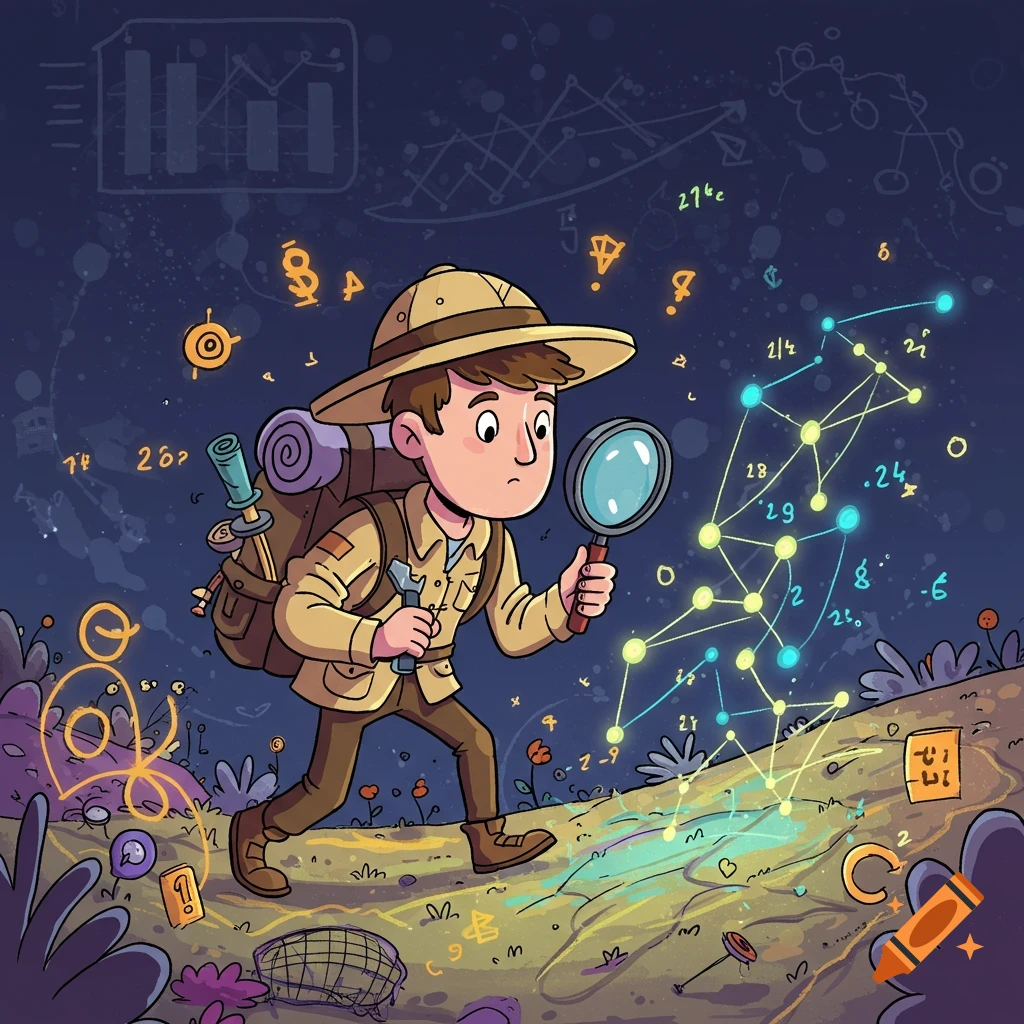 Cartoon explorer studies glowing data visualizations with a magnifying ...