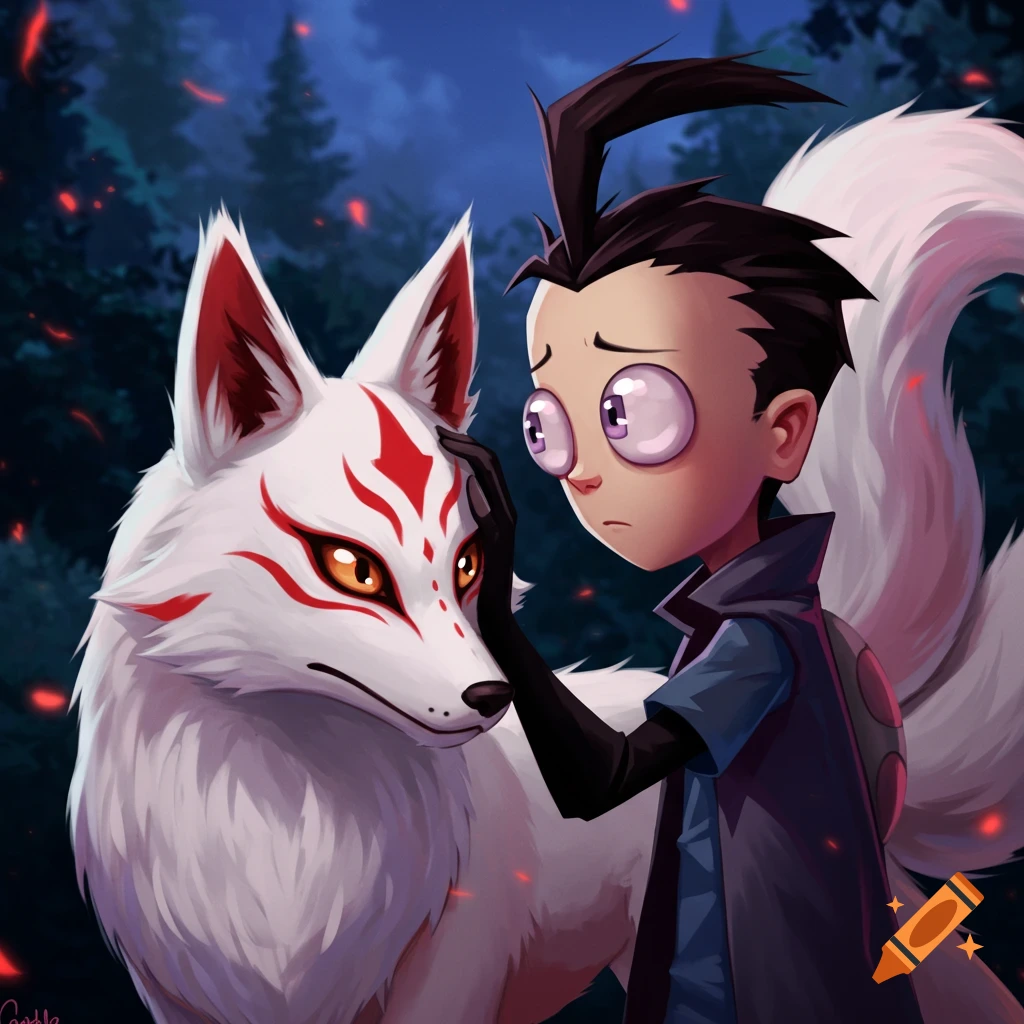 Dib membrane petting a kitsune with amber eyes on Craiyon