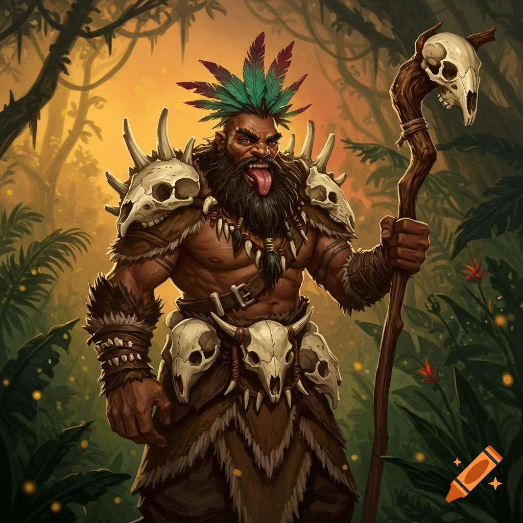 Brown-skinned shaman with bone armor and staff on Craiyon