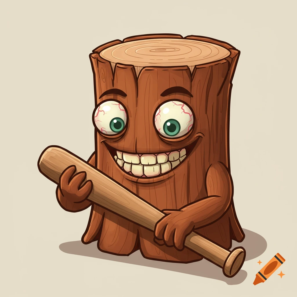Image of a smiling wood log character with bulging eyes holding a ...