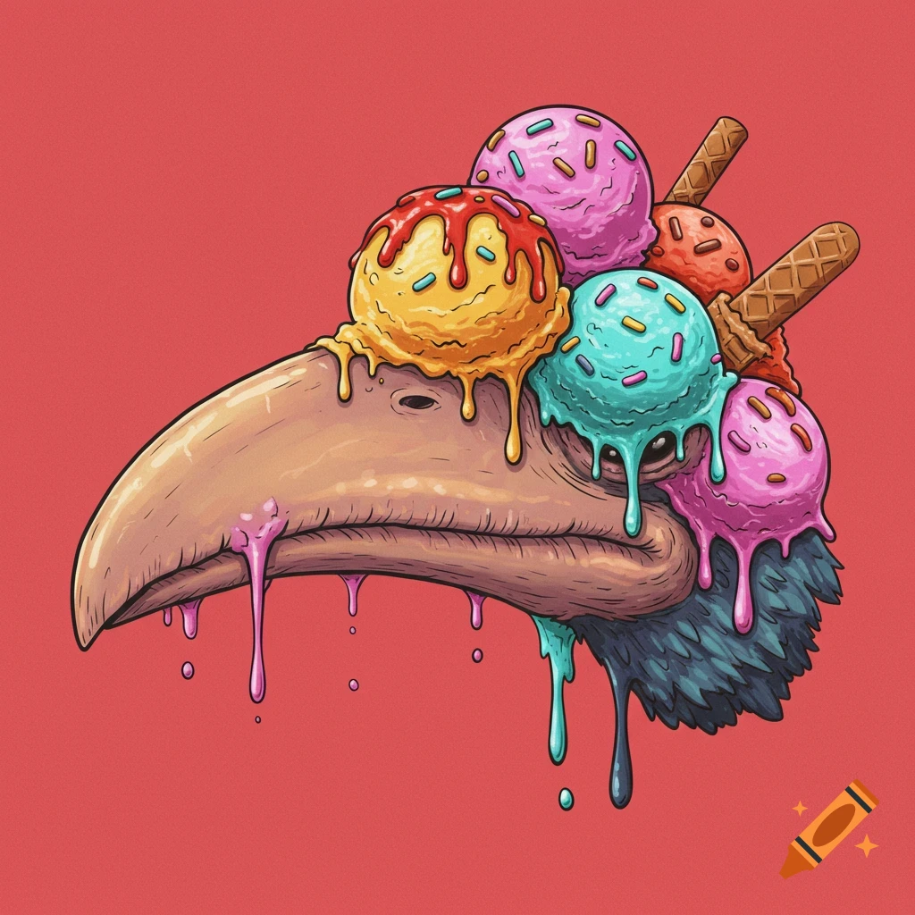 A surreal illustration of a bird's head with colorful melting ice cream ...