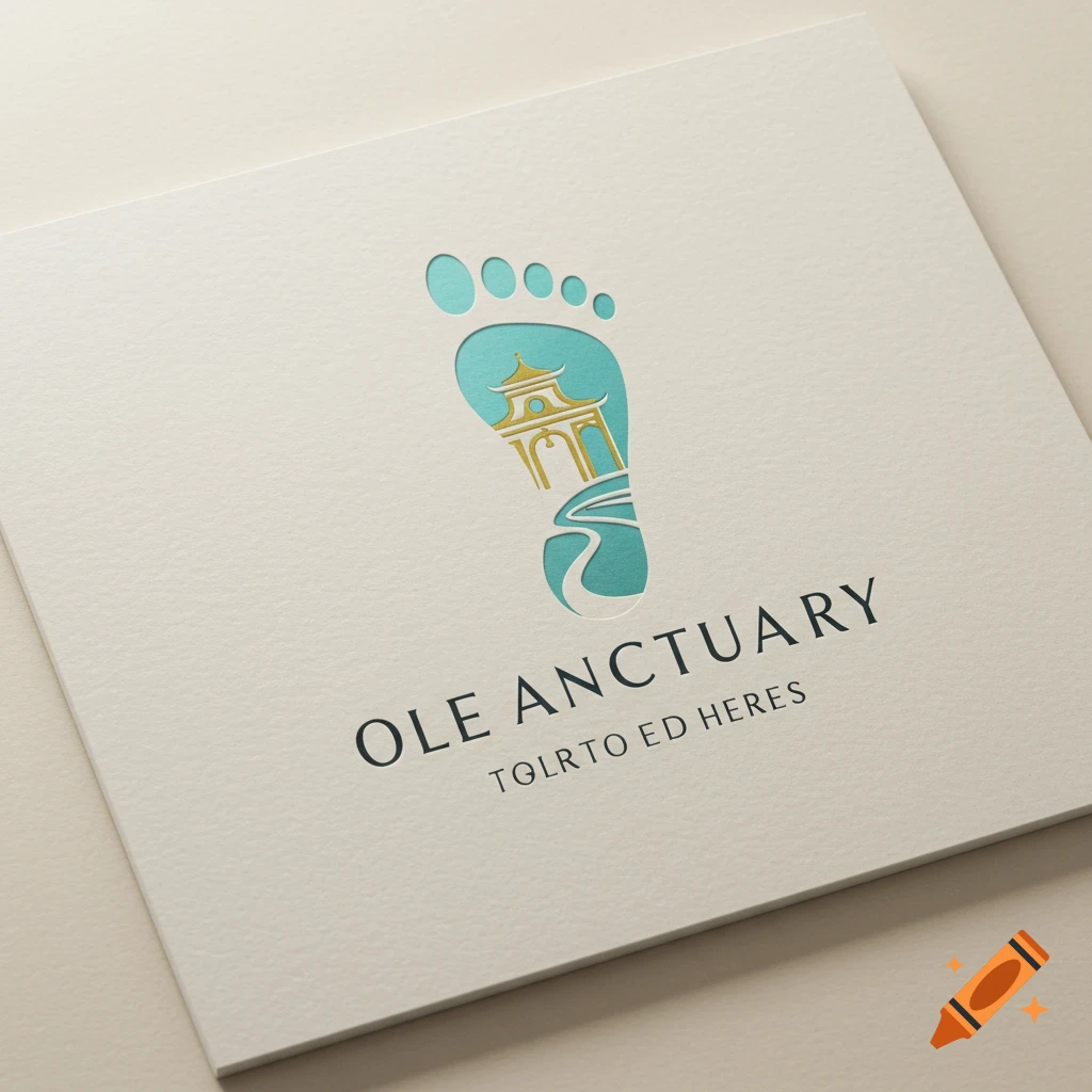 A logo design featuring a footprint shape with a structure and pathway ...