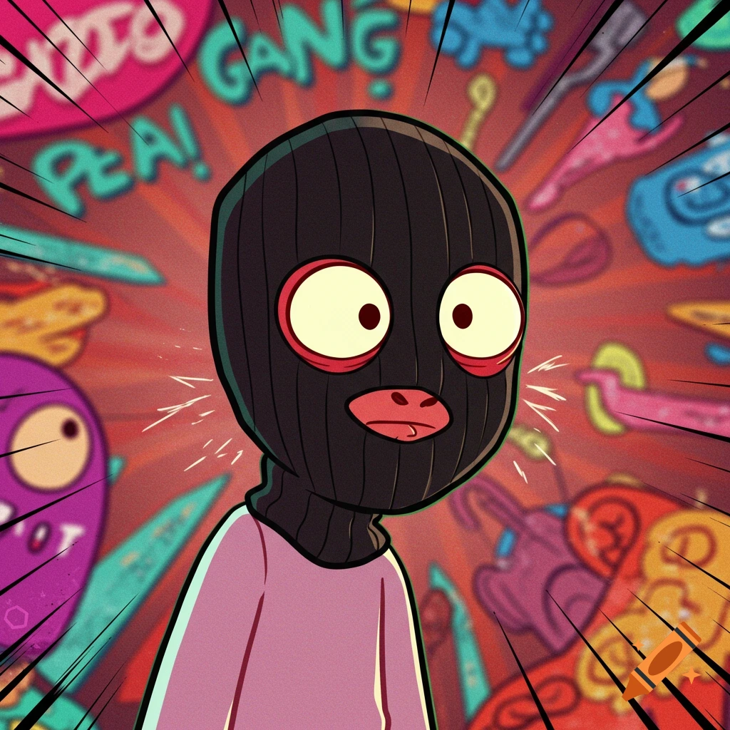 Cartoon character in a black ski mask against a chaotic background. on ...