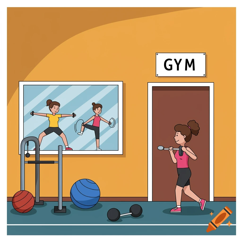 Cartoon illustration of a gym hall entrance with people exercising ...