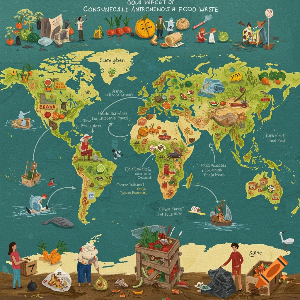 An illustrated world map depicting global and local consequences of ...