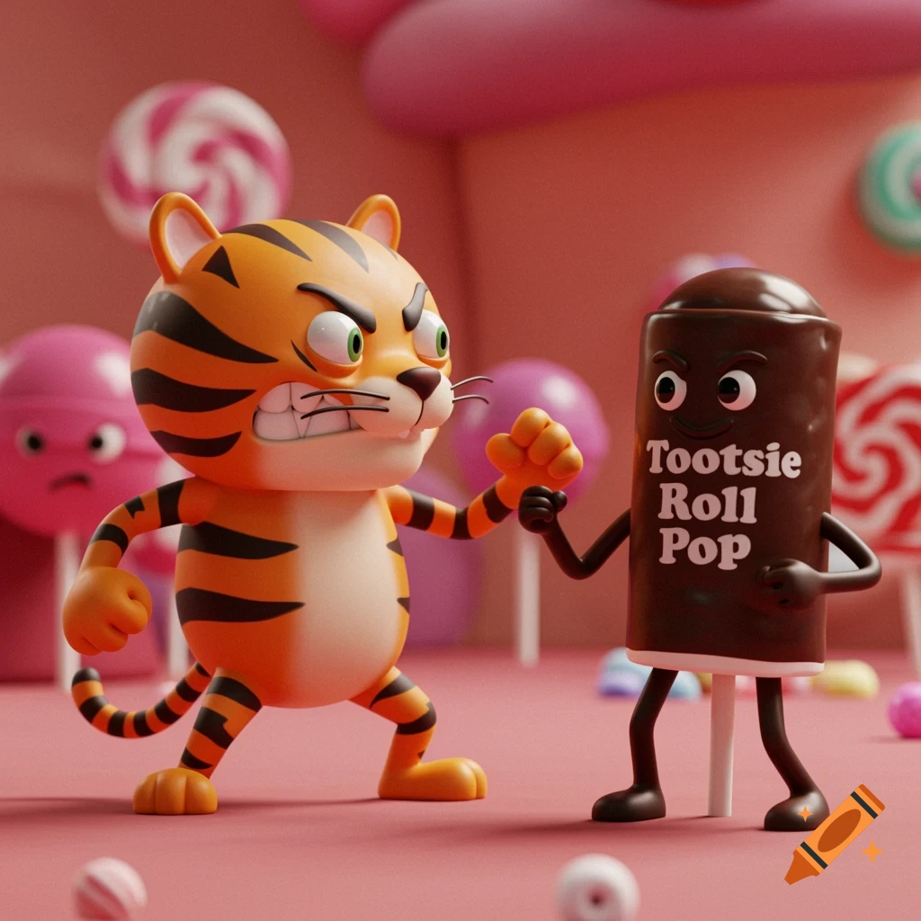 3D render of a cartoon tiger lollipop and a Tootsie Roll Pop fighting ...