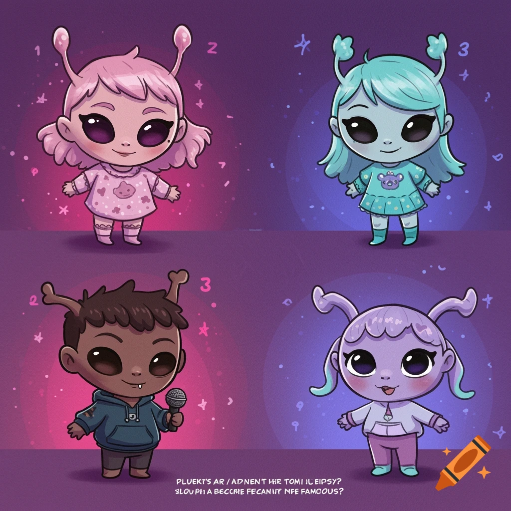 Four cute cartoon aliens from Planet Stardust on Craiyon