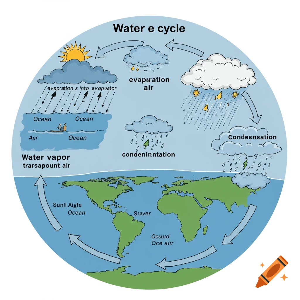 Illustration of the water cycle with labeled arrows for evaporation and ...
