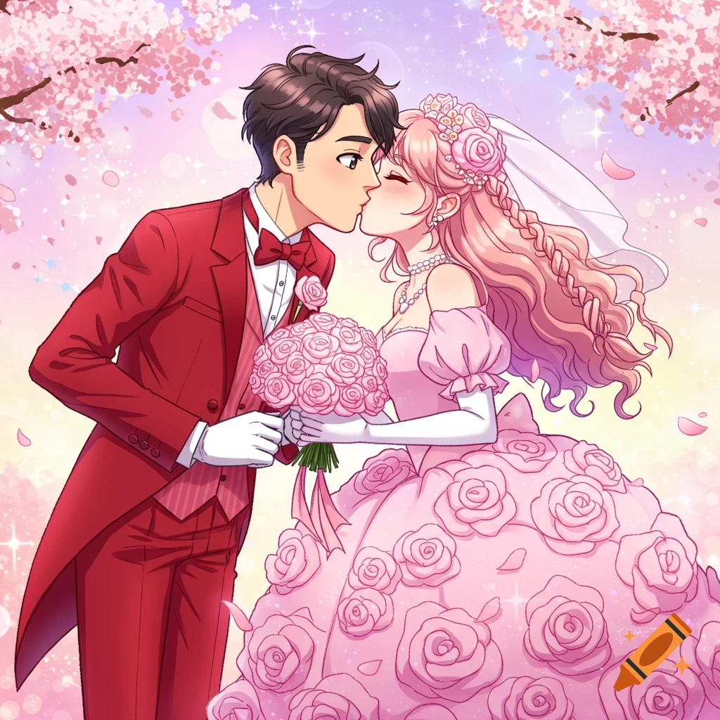 Anime wedding couple kissing in red tuxedo and pink gown on Craiyon