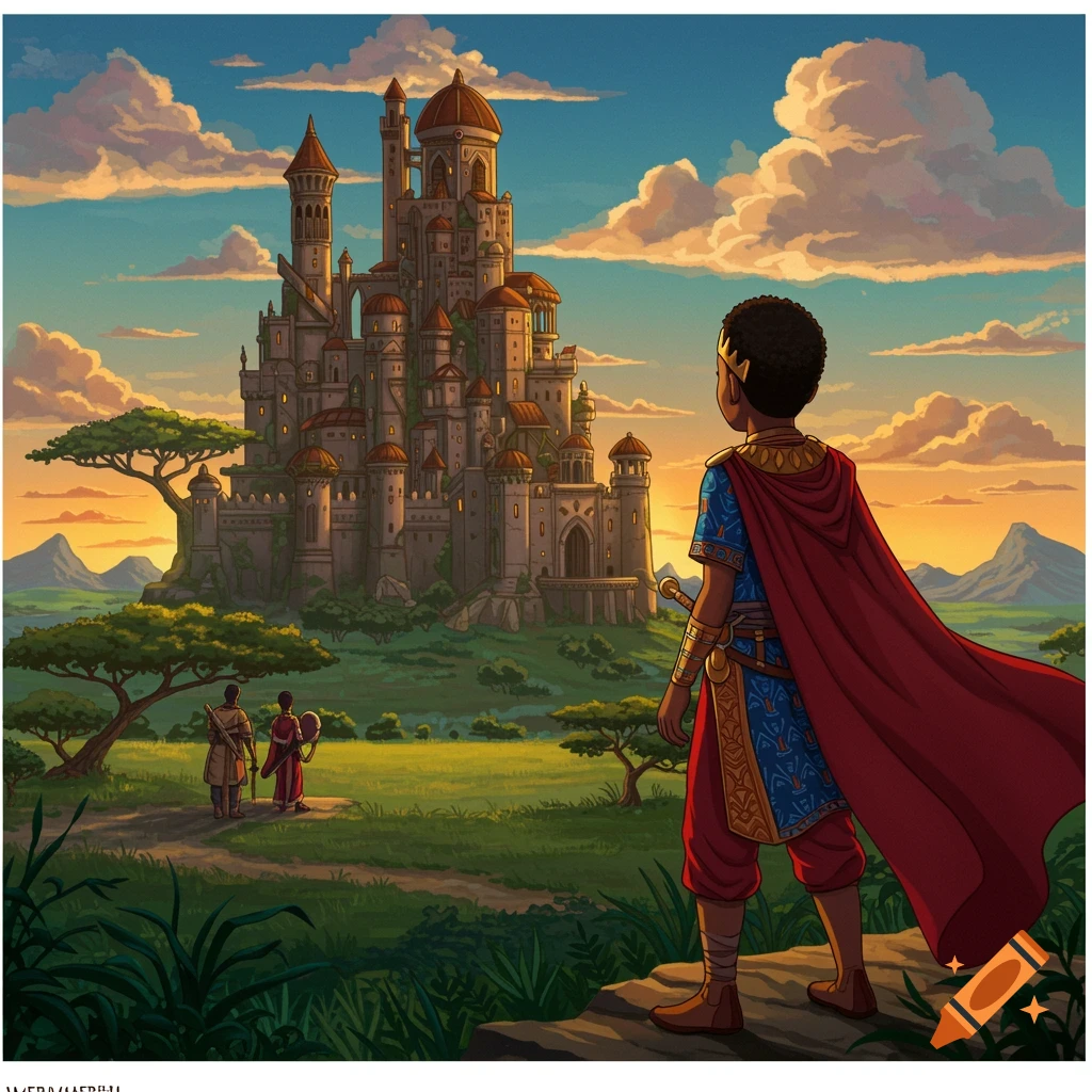 Young African prince outside castle on Craiyon