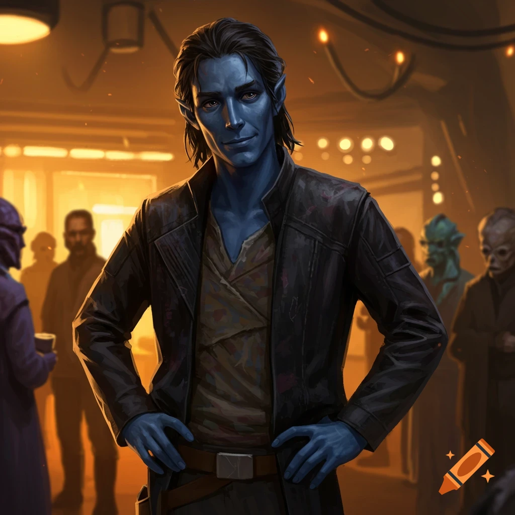 Male Mirialan smuggler with dark shaggy hair on Craiyon