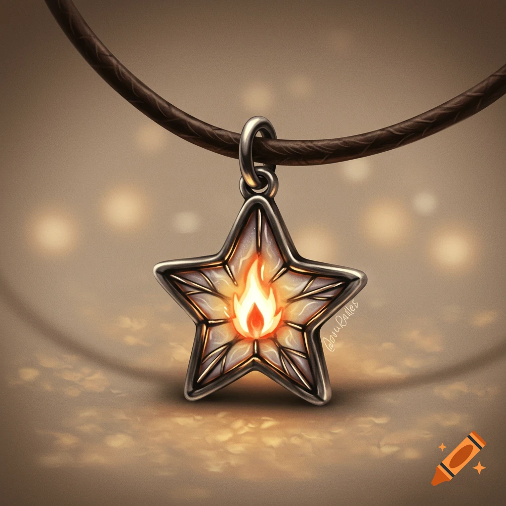 A star-shaped charm with a flickering flame inside, hanging on a ...