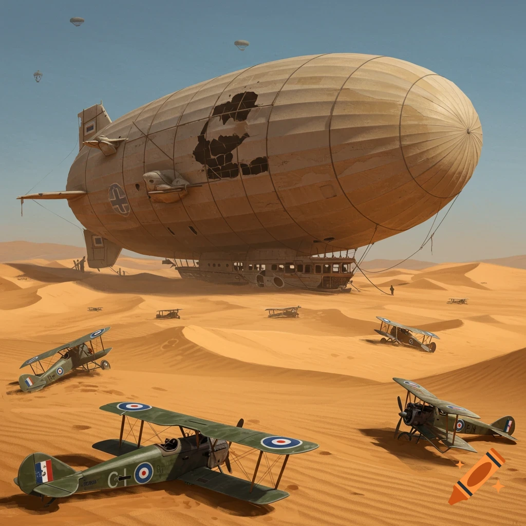 A detailed steampunk airship flies through a cloudy orange sky. on Craiyon