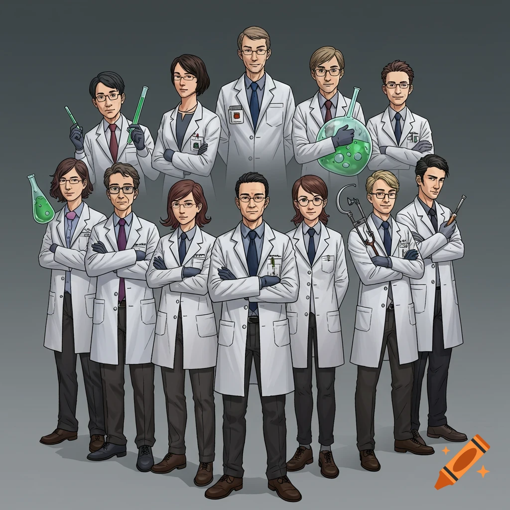 A diverse group of male and female scientists in lab coats holding ...